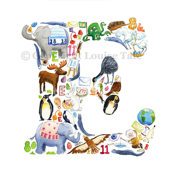 Alphabet art Letter E – Louise Tate Illustration